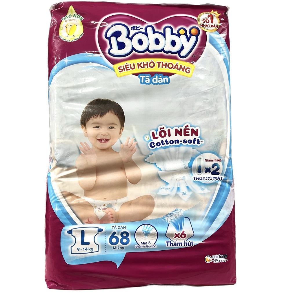Tã Dán Bobby Size L 68 Miếng Mẫu Mới đệm thun thấm mồ hôi (Cho Bé 9 ...