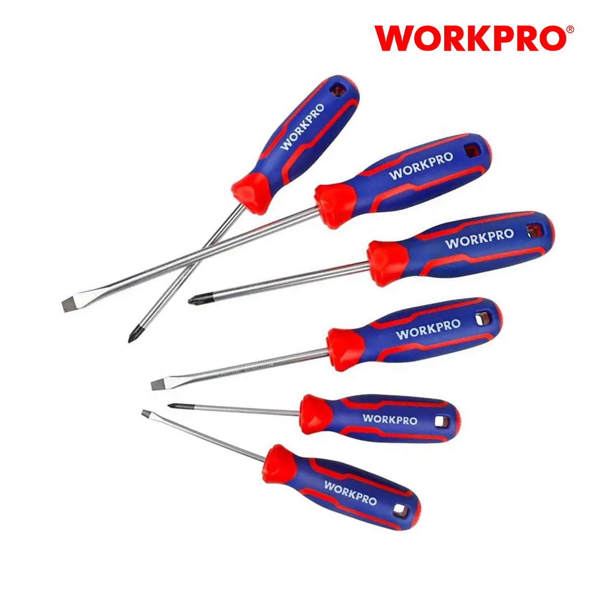 Bộ Tua vít 6 cái gồm ( 3 cái đầu hình hoa khế, 3 cái đầu dẹt), thép hợp kim CR-V Workpro - WP200504