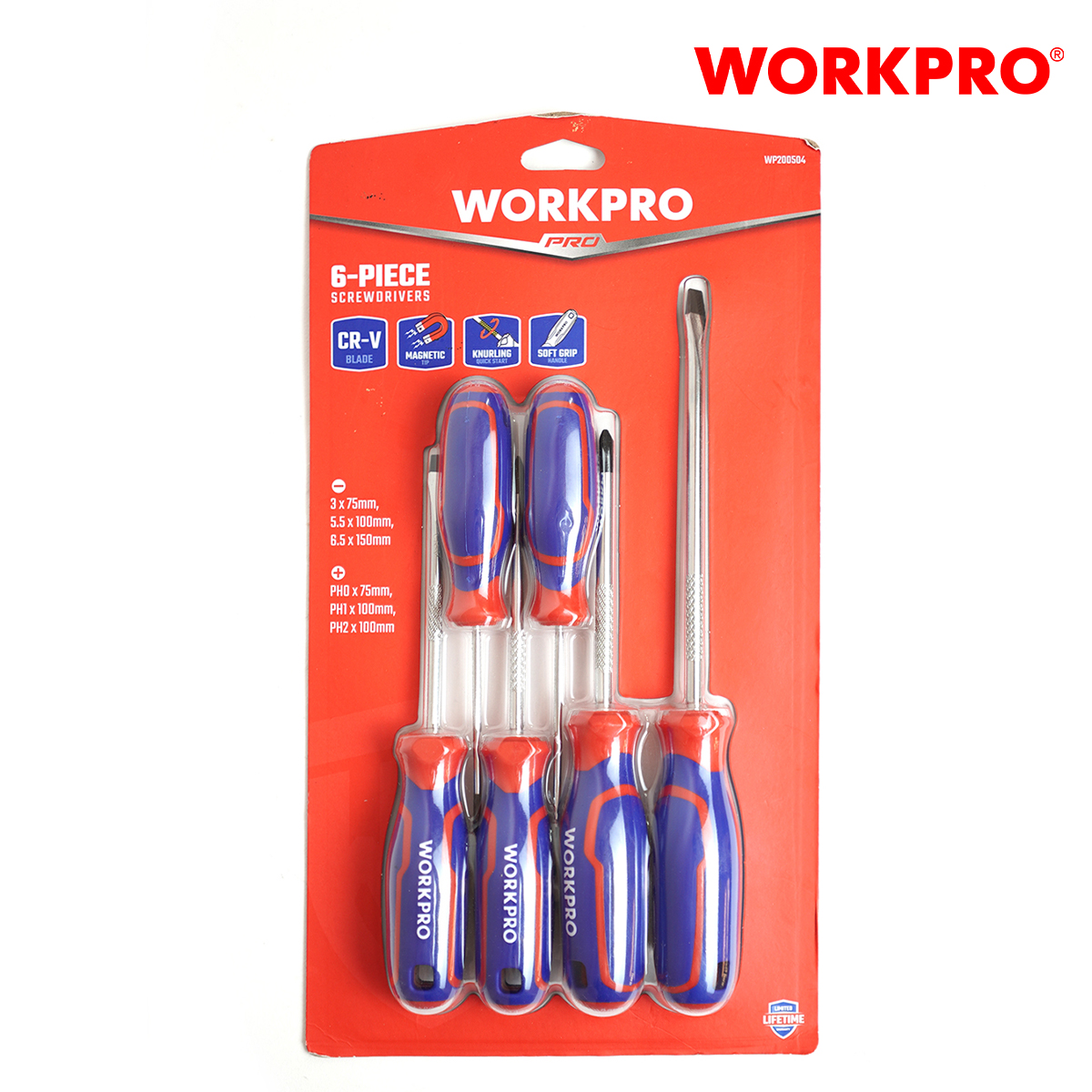 Bộ Tua vít 6 cái gồm ( 3 cái đầu hình hoa khế, 3 cái đầu dẹt), thép hợp kim CR-V Workpro - WP200504