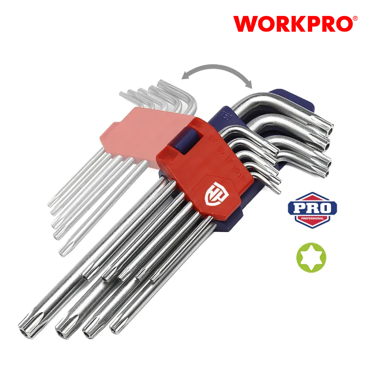 Bộ lục giác đầu hình sao kiểu chữ L, loại trung 9 cái, thép hợp kim CR-V Workpro - WP222002