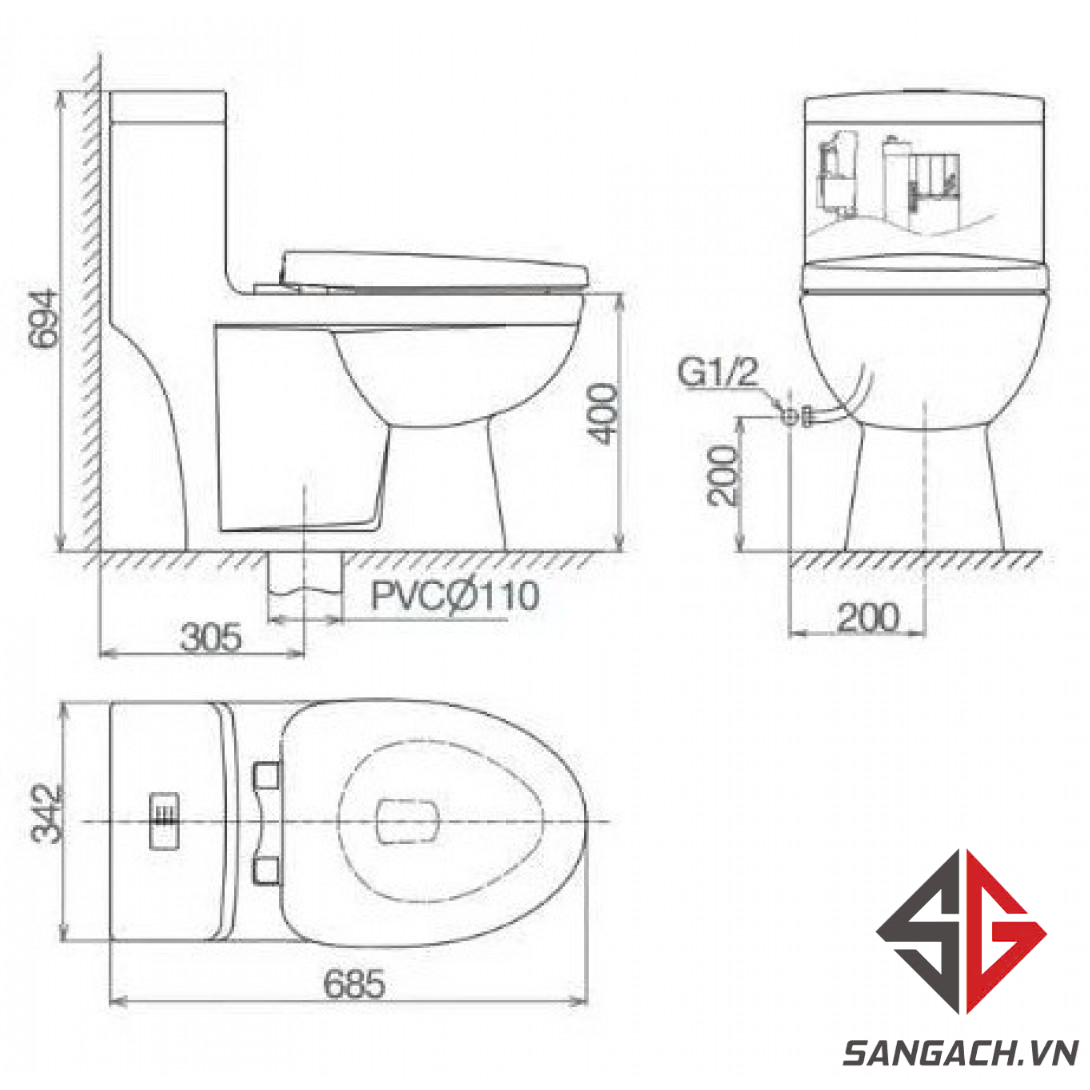 Bồn Cầu Viglacera V825 (BL5V) Nắp V39M Xả Xoáy + Xịt VG826 (HN ...