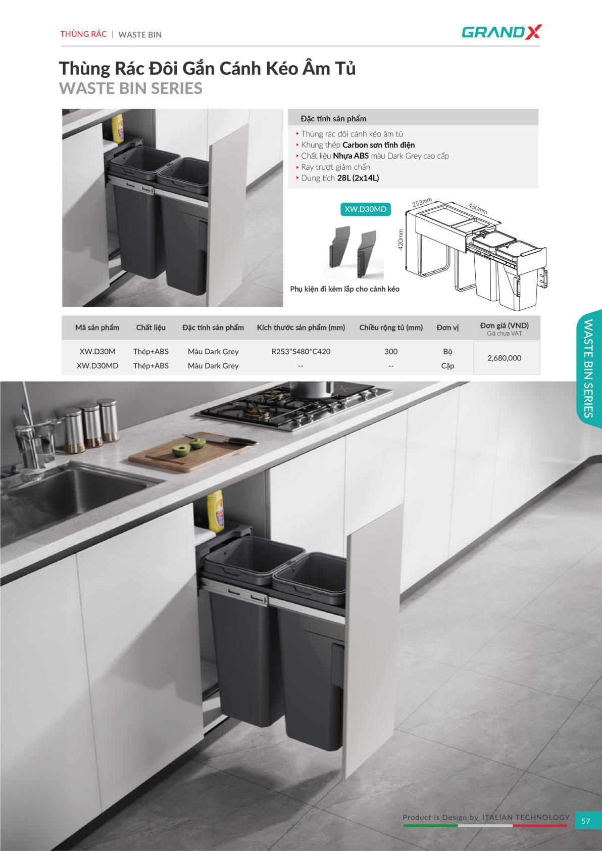 Thùng Rác Đôi Gắn Cánh Kéo Âm Tủ GrandX XW.D30M | Eurosun Việt Nam