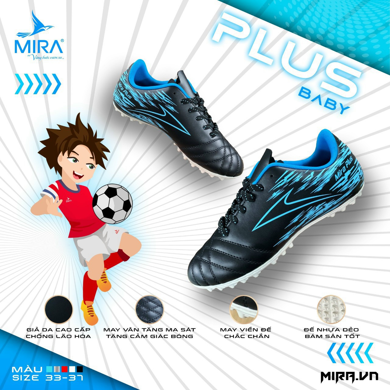 Giày Đá Bóng Kid Mira Plus Đen TF Thể Thao Uni