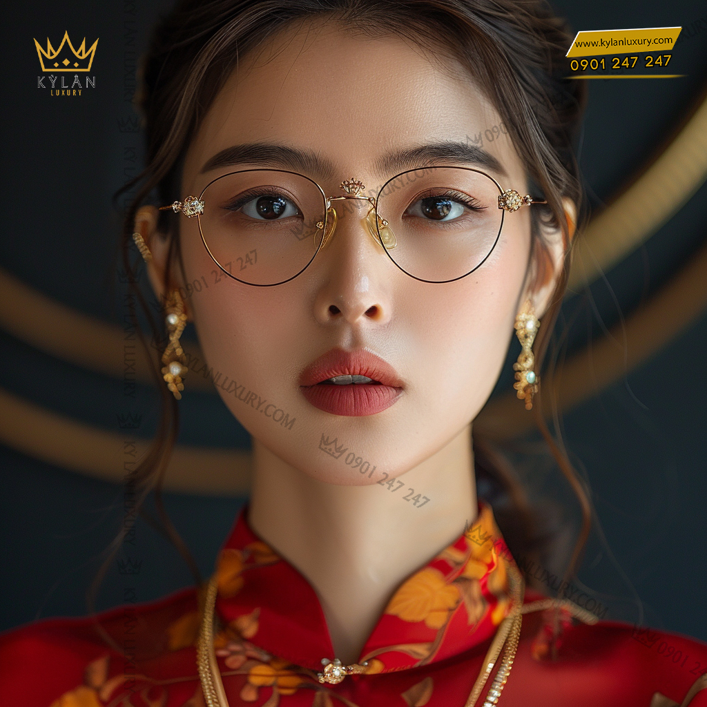 Kính KyLan vàng nguyên khối 18k Au750 đính kim cương | Kỳ Lân