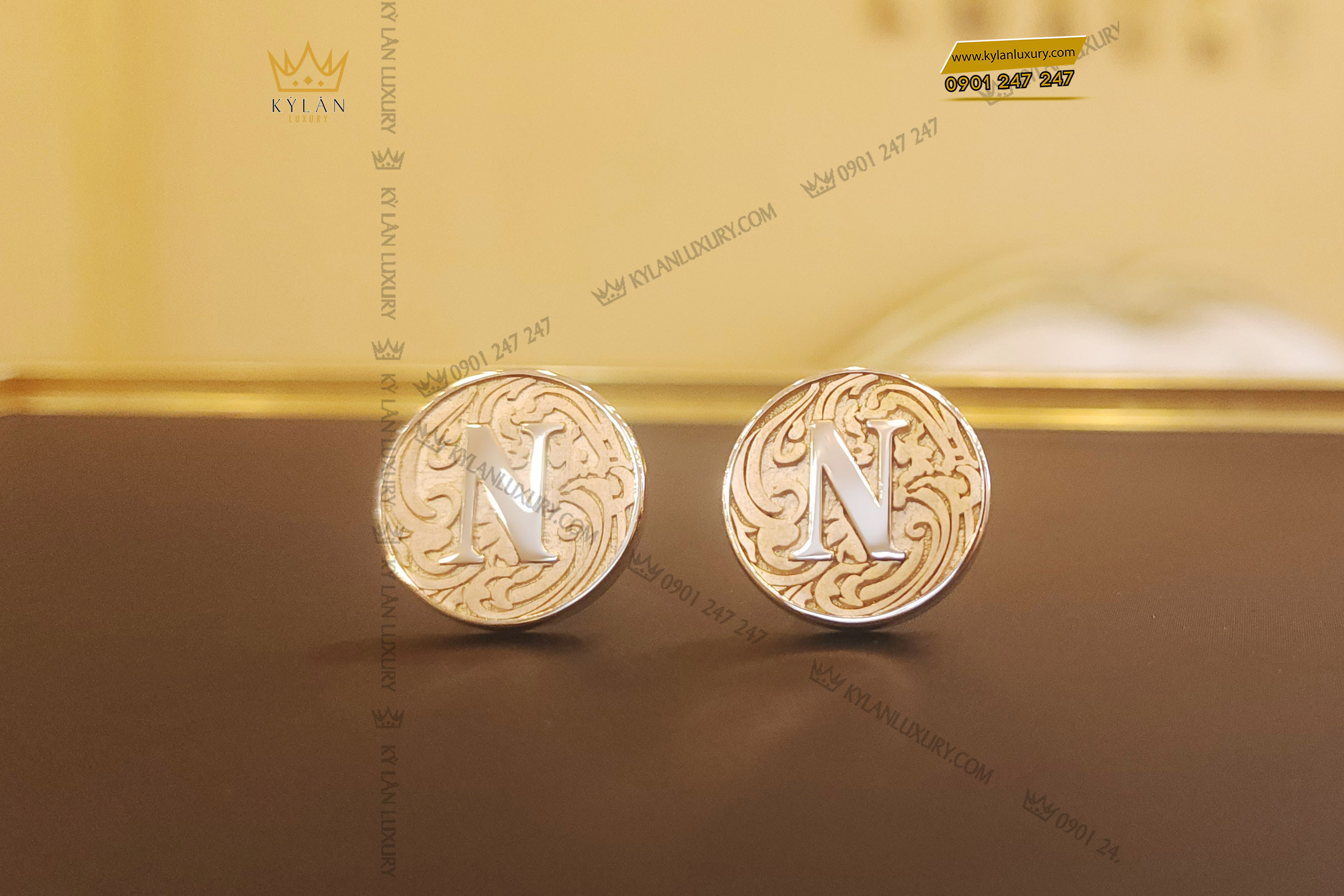 Khuy măng sét vàng nguyên khối 18k Au750 hình chữ N | Kỳ Lân