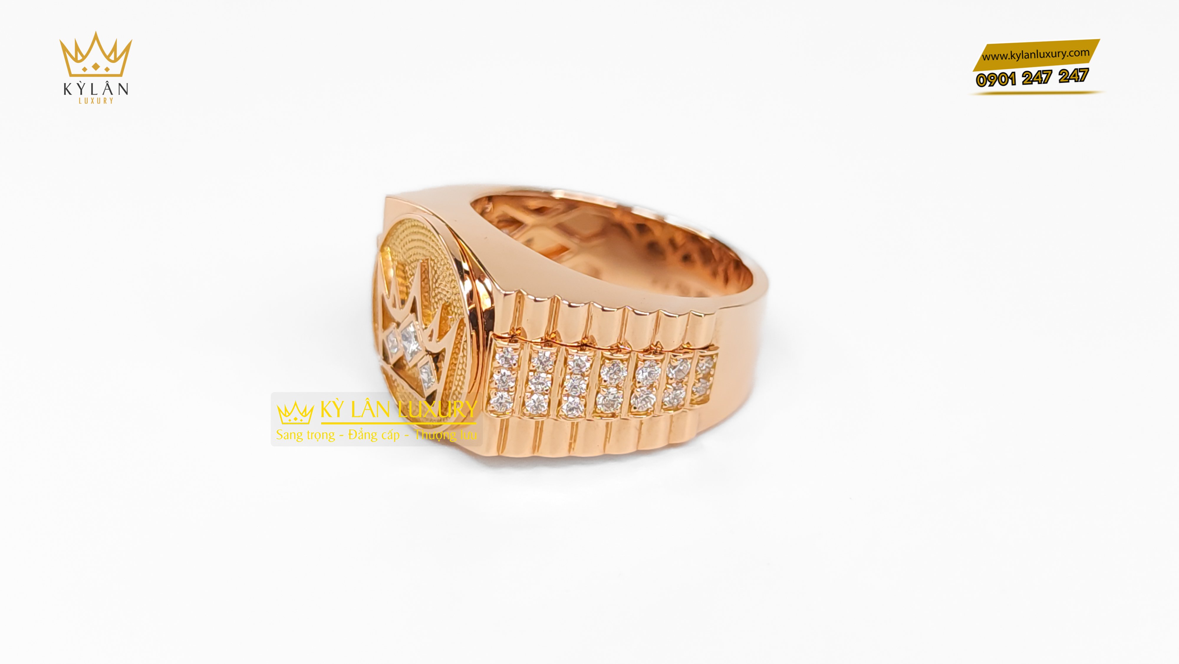 Nhẫn vàng nguyên khối đính kim logo KYLAN | Kỳ Lân