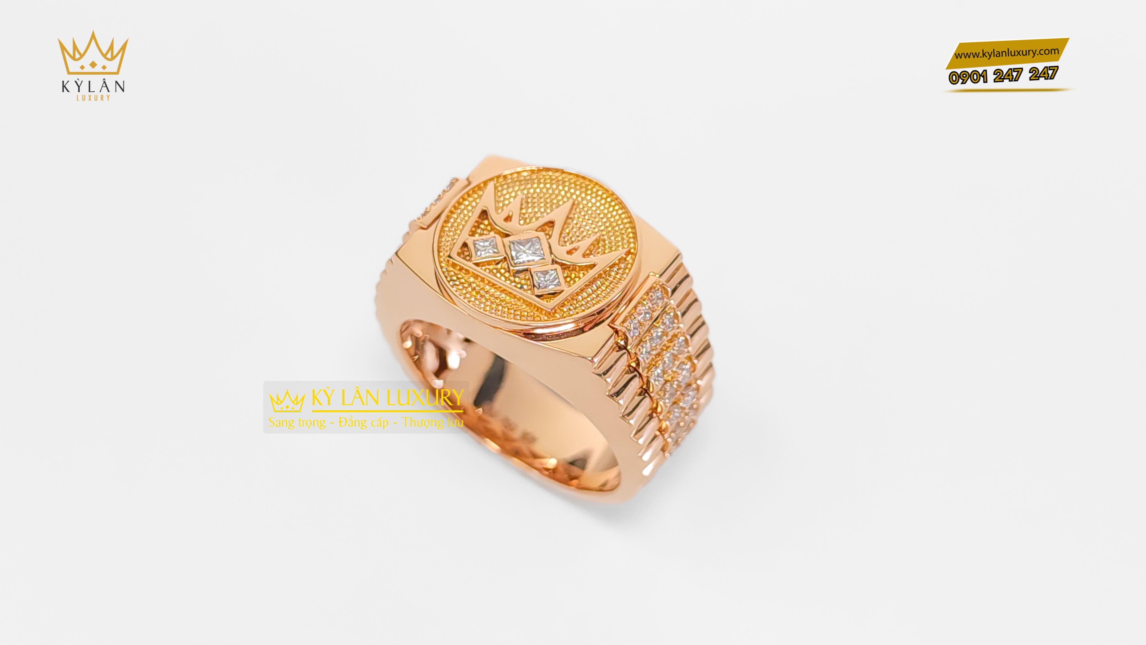 Nhẫn vàng nguyên khối đính kim logo KYLAN | Kỳ Lân