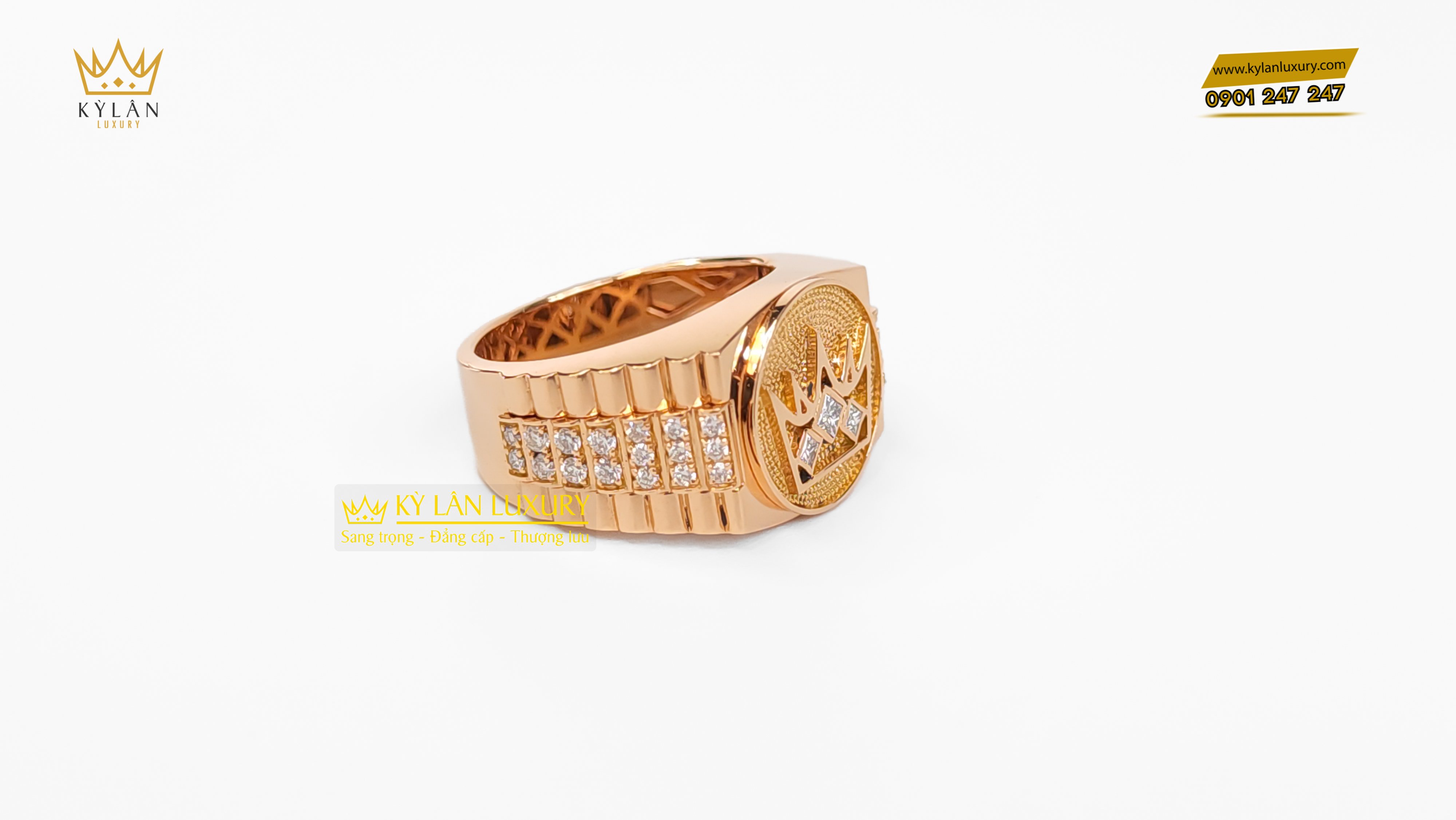 Nhẫn vàng nguyên khối đính kim logo KYLAN | Kỳ Lân