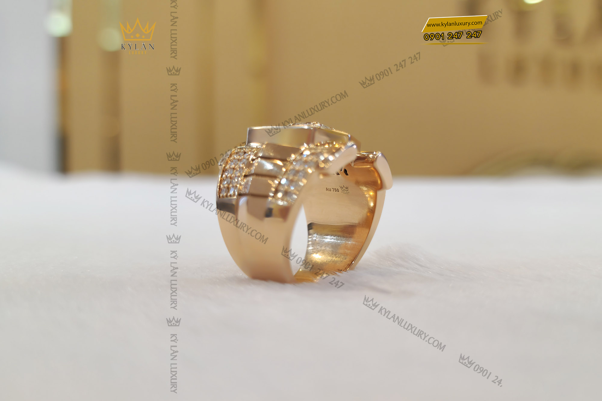 Nhẫn Vertu vàng nguyên khối 18k Au750 đính viên chủ 5ly4 | Kỳ Lân Luxury