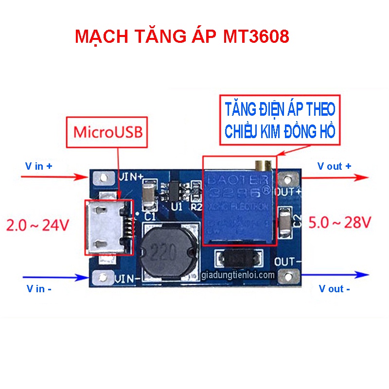 Bo mạch tăng áp 2A DC-DC MT3608 | GIA DỤNG ASIA