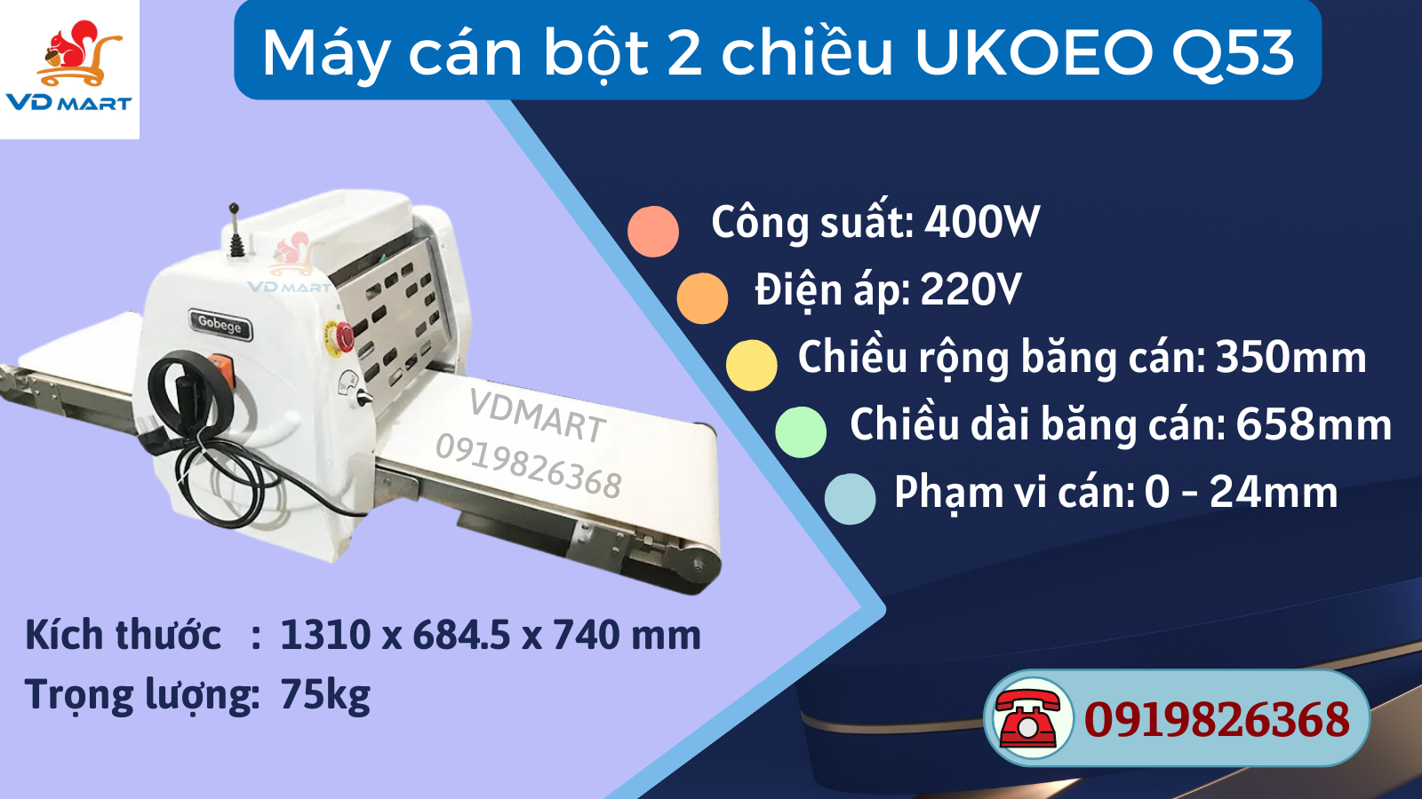 Máy cán bột để bàn 2 chiều [Ukoeo Q53]