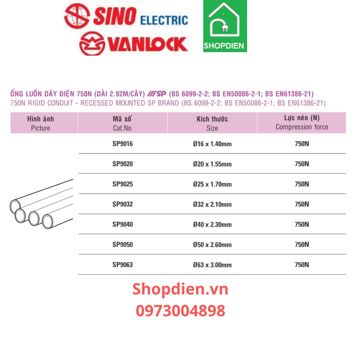 SP9032 SINO SP Ống PVC D32 luồn dây điện 750N CÔNG TY TNHH THƯƠNG MẠI ...