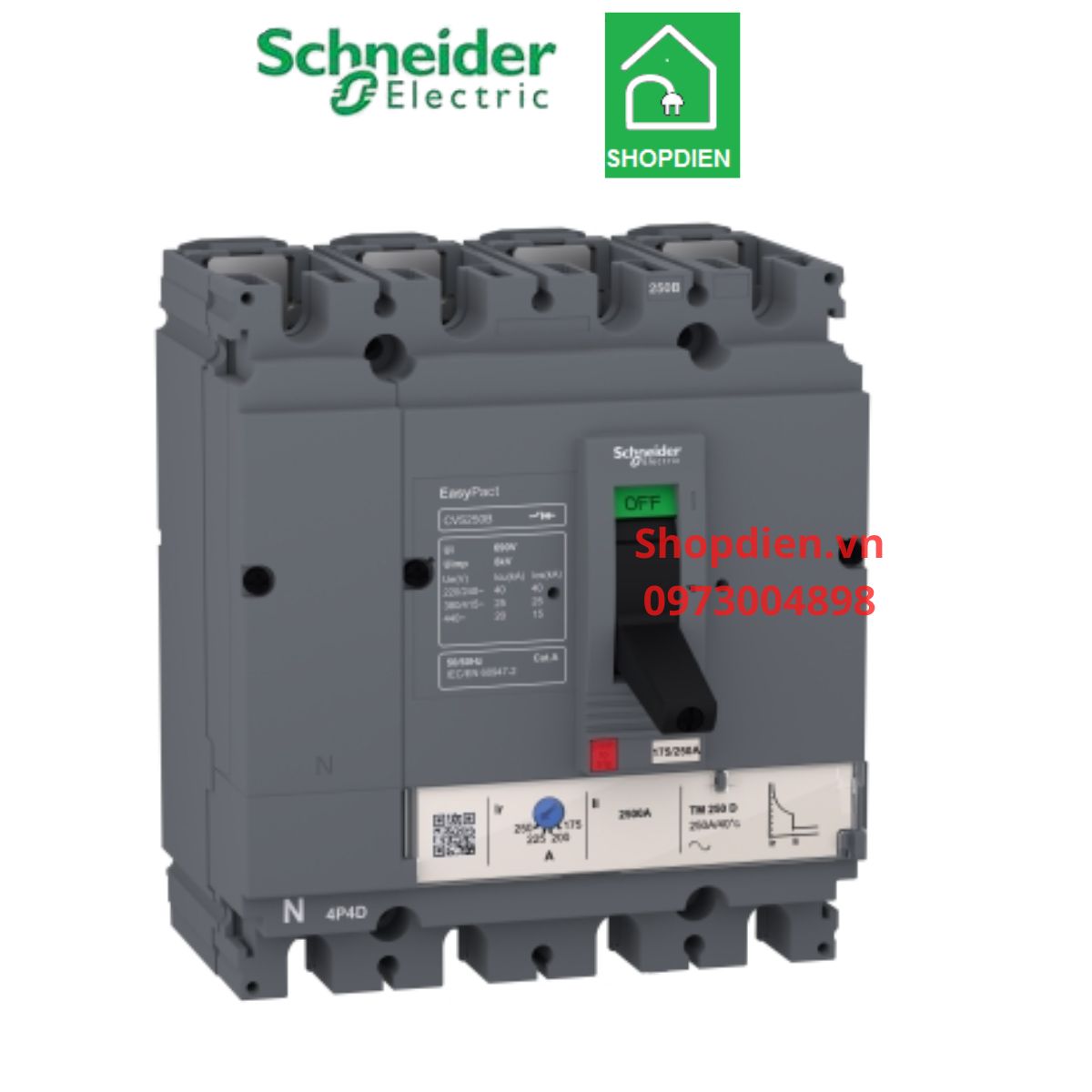 LV525313 Schneider CVS250B MCCB 4P 250A 25KA Easypact Aptomat Cầu dao ...