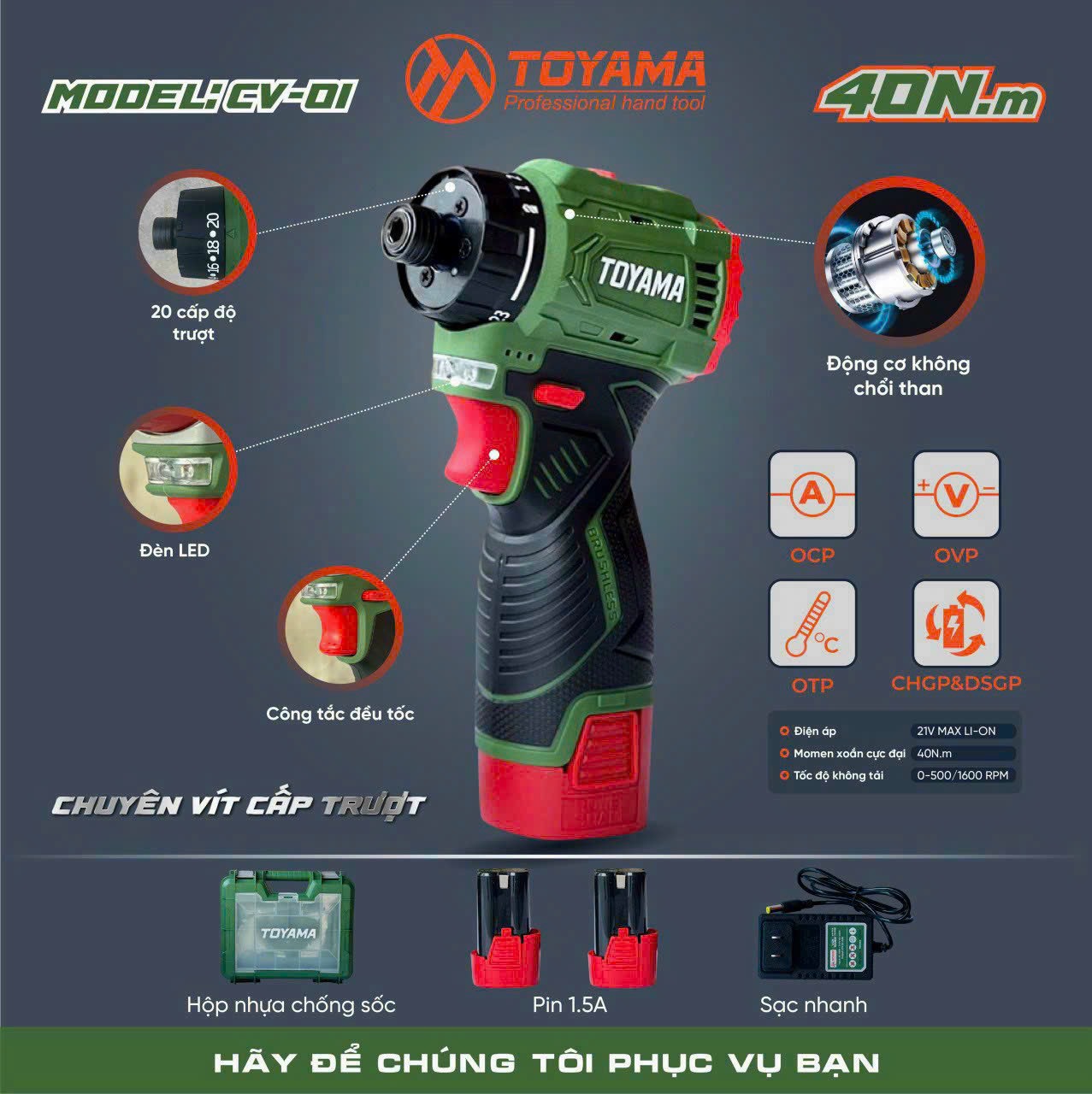 MÁY VẶN VÍT DÙNG PIN 18V TOYAMA CV-01 - HÀNG CHÍNH HÃNG
