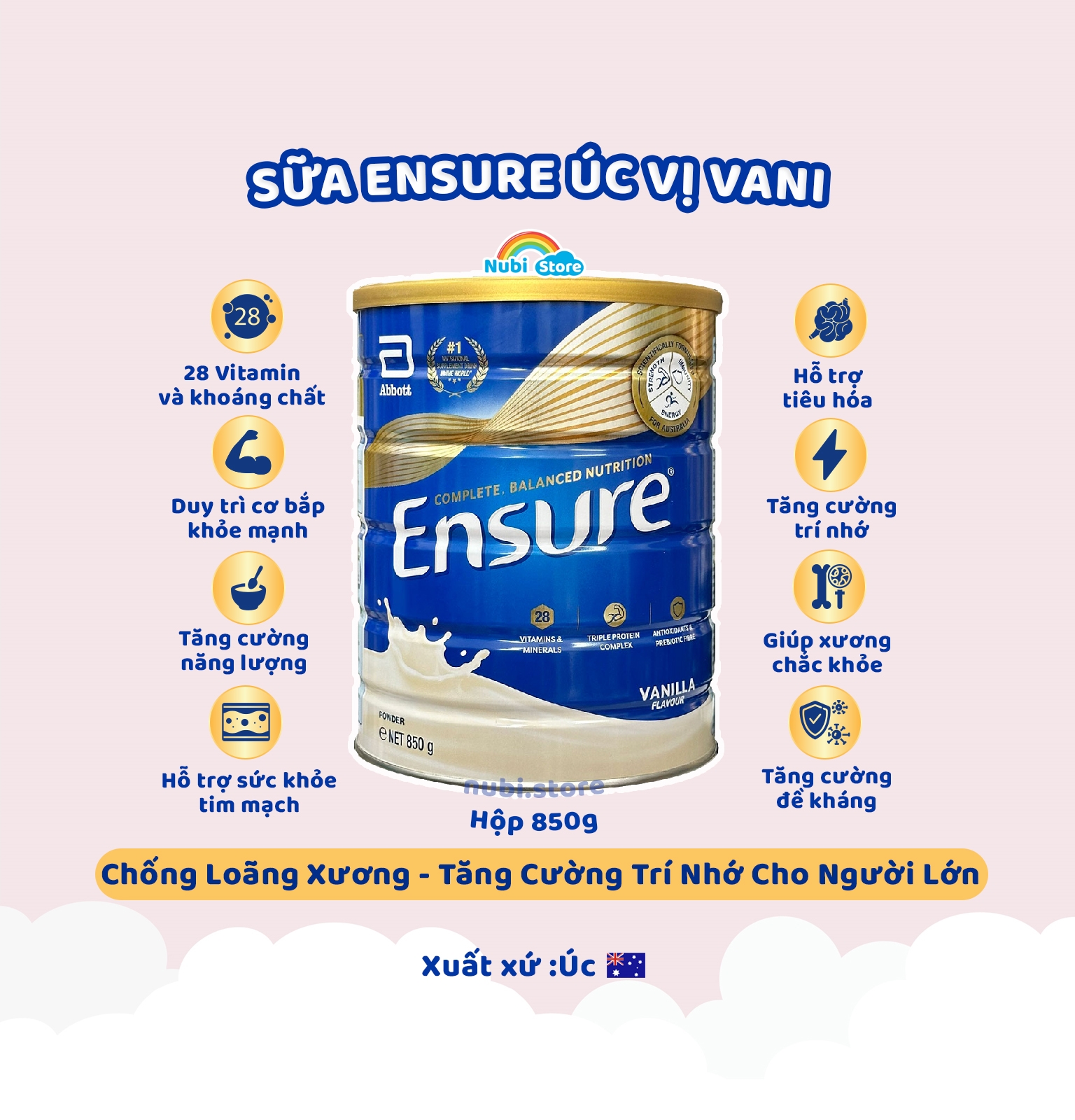 Sữa Ensure Úc 850g | Nubi Store - Sữa, thực phẩm, đồ dùng ăn dặm cho bé