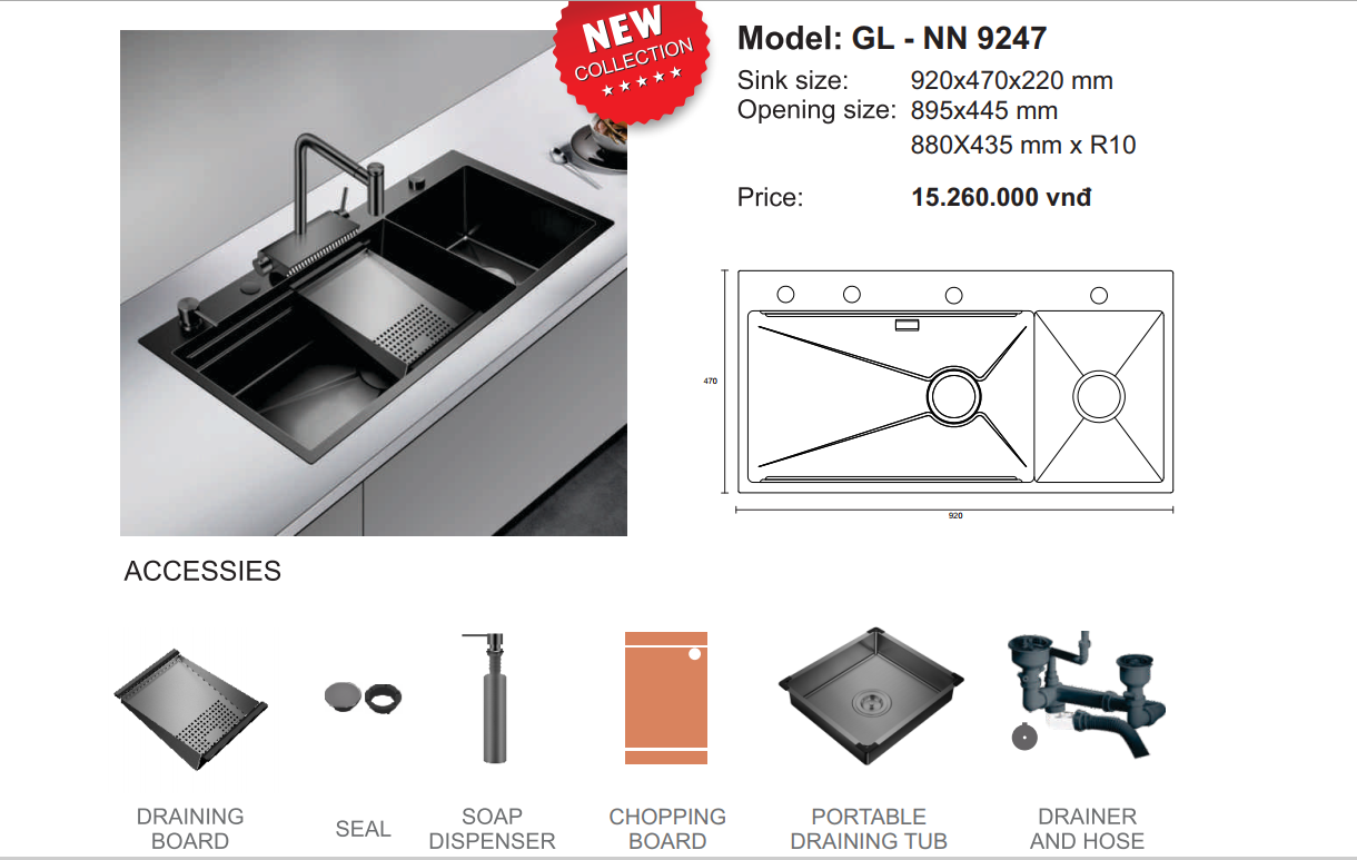 Chậu rửa bát 2 hố kích thước lớn Geler GL- NN 9247, inox SUS304 mầu xám ...