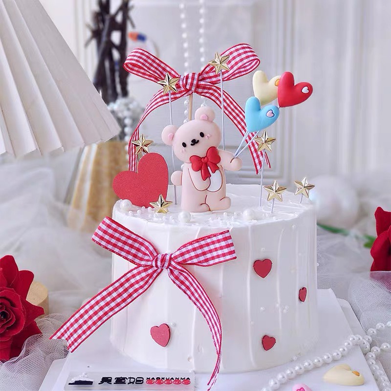 Tượng nhựa dẻo-GẤU NƠ ĐỎ VÀ 4 TRÁI TIM (set). phukienthuynga