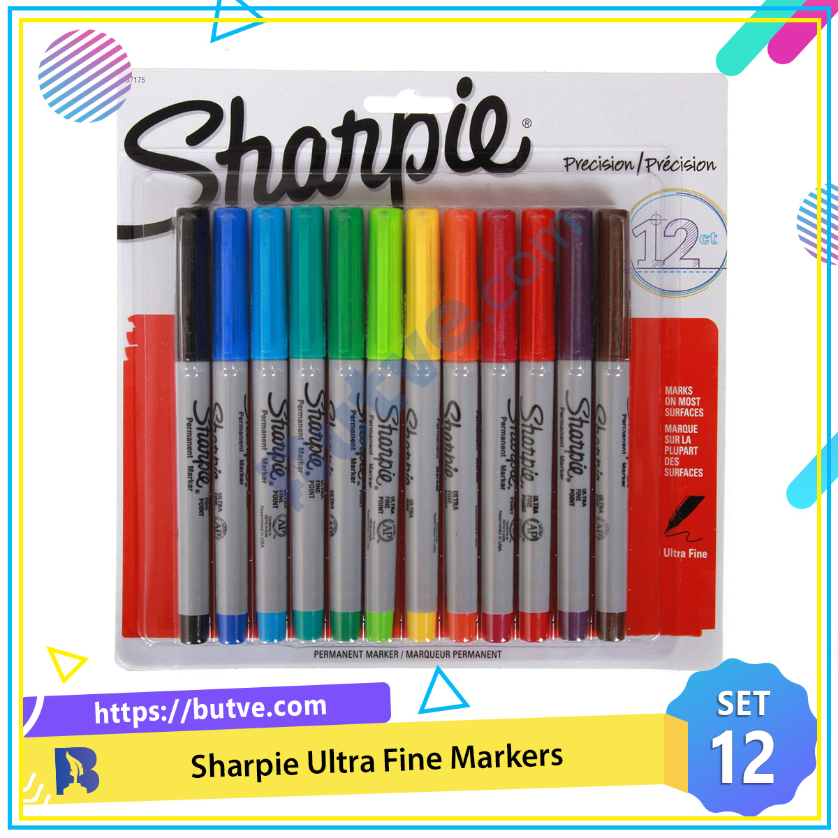 Vỉ 12 màu bút lông dầu ngòi kim vẽ trên mọi chất liệu Sharpie Ultra ...