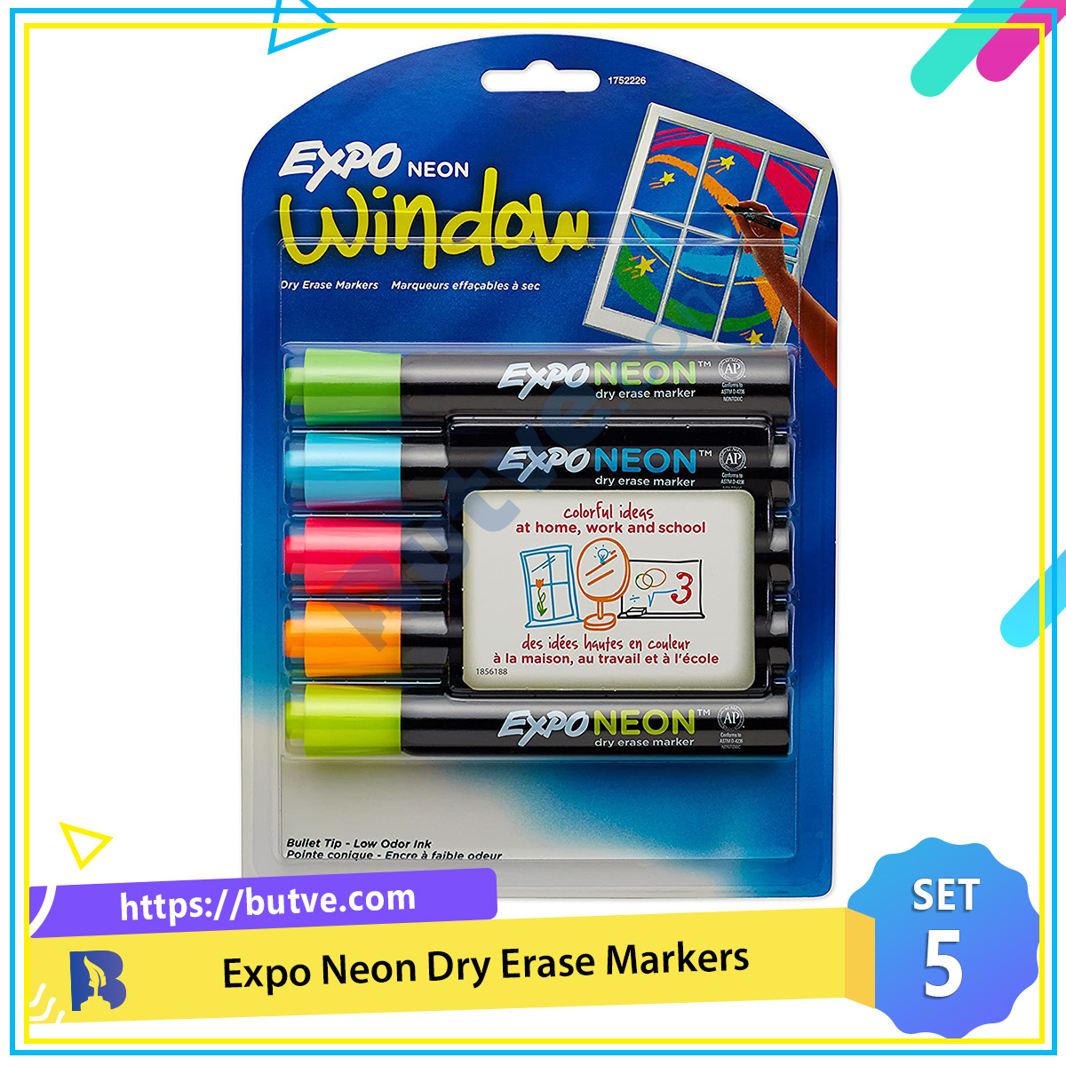 Vỉ 5 bút lông viết bảng điện tử Expo Neon Dry Erase Markers (Xóa khô ...
