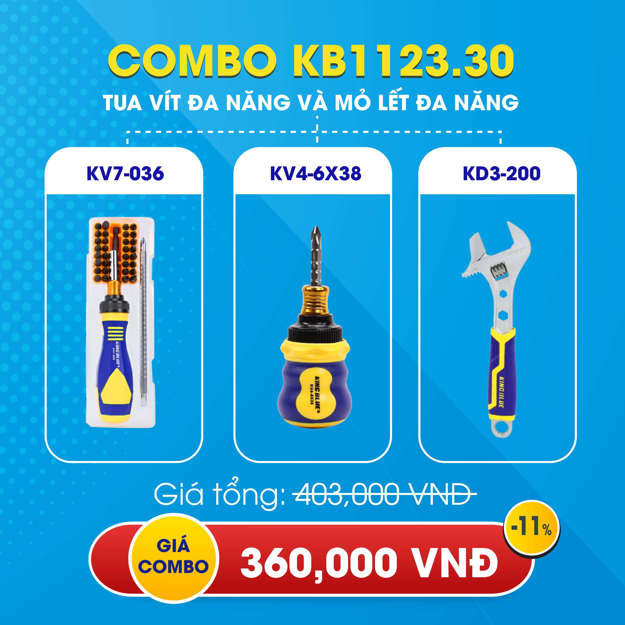 KB1123.30 - Combo tua vít đa năng KV4-6*38 , KV7-036 và mỏ lết đa năng KD3-200 Kingblue