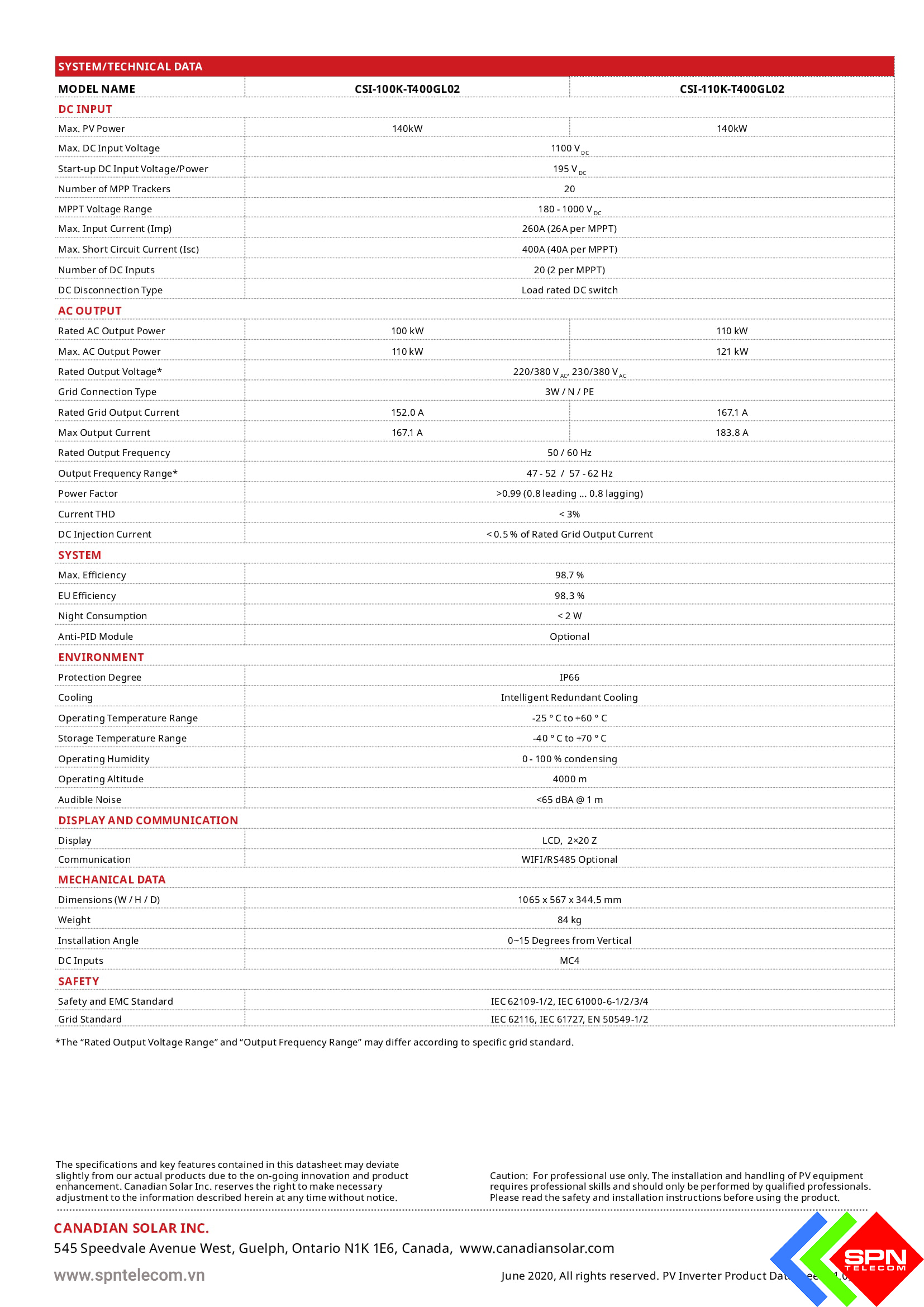 INVERTER HÒA LƯỚI ĐIỆN MẶT TRỜI CANADIAN 3 PHA CSI 100-110KW | SPN