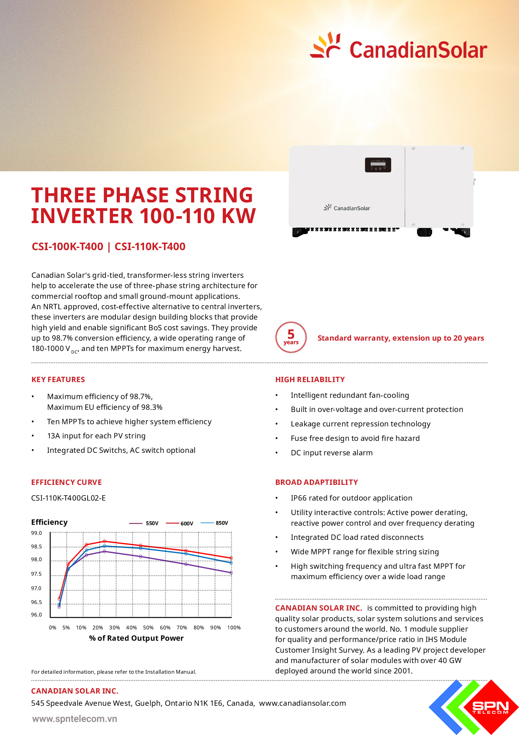 INVERTER HÒA LƯỚI ĐIỆN MẶT TRỜI CANADIAN 3 PHA CSI 100-110KW | SPN