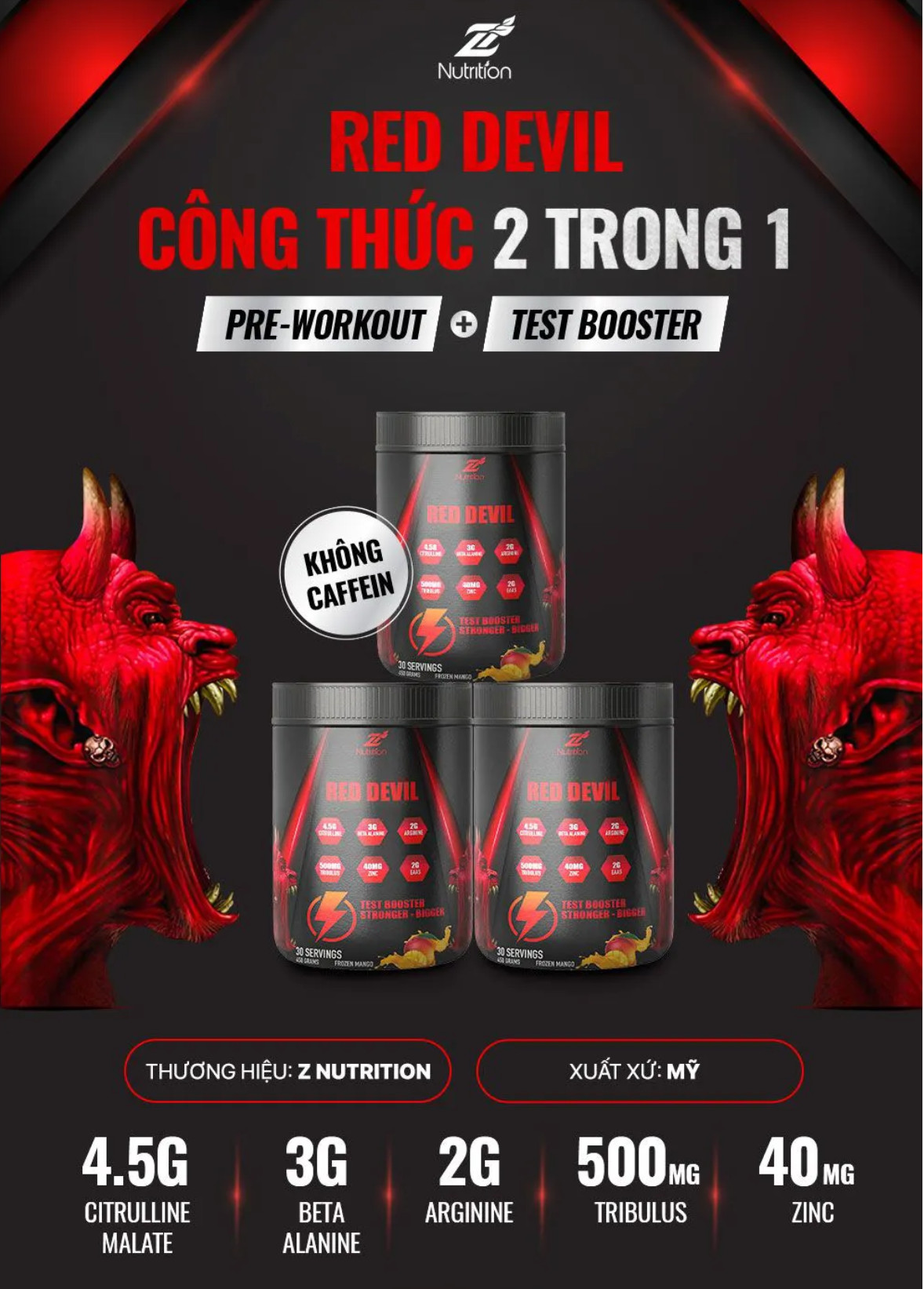 ZNUTRITION RED DEVIL - PREWORKOUT + ZMA TĂNG TESTOSTERONE (30 LẦN DÙNG)