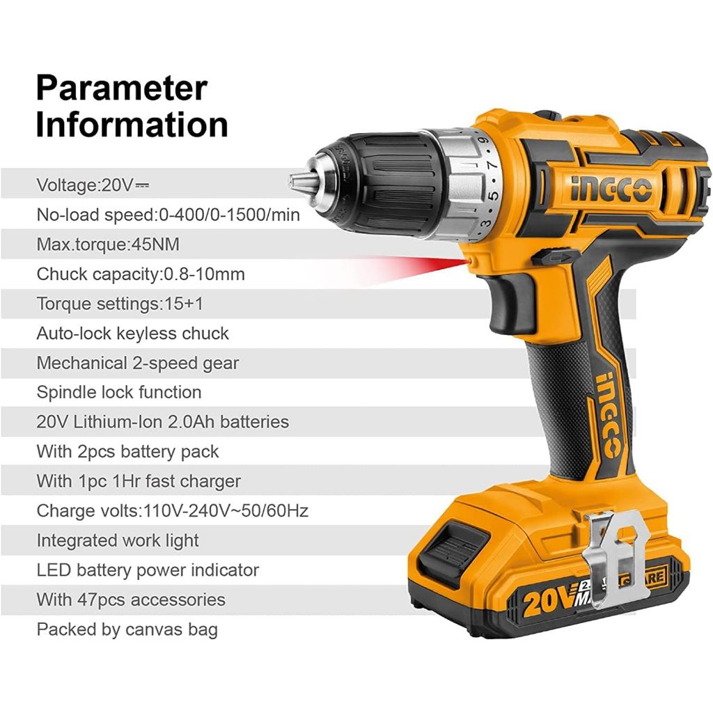 Máy khoan dùng pin 20V INGCO CDLI2002, Mô men xoắn 45NM, đầu cặp 0.8 ...