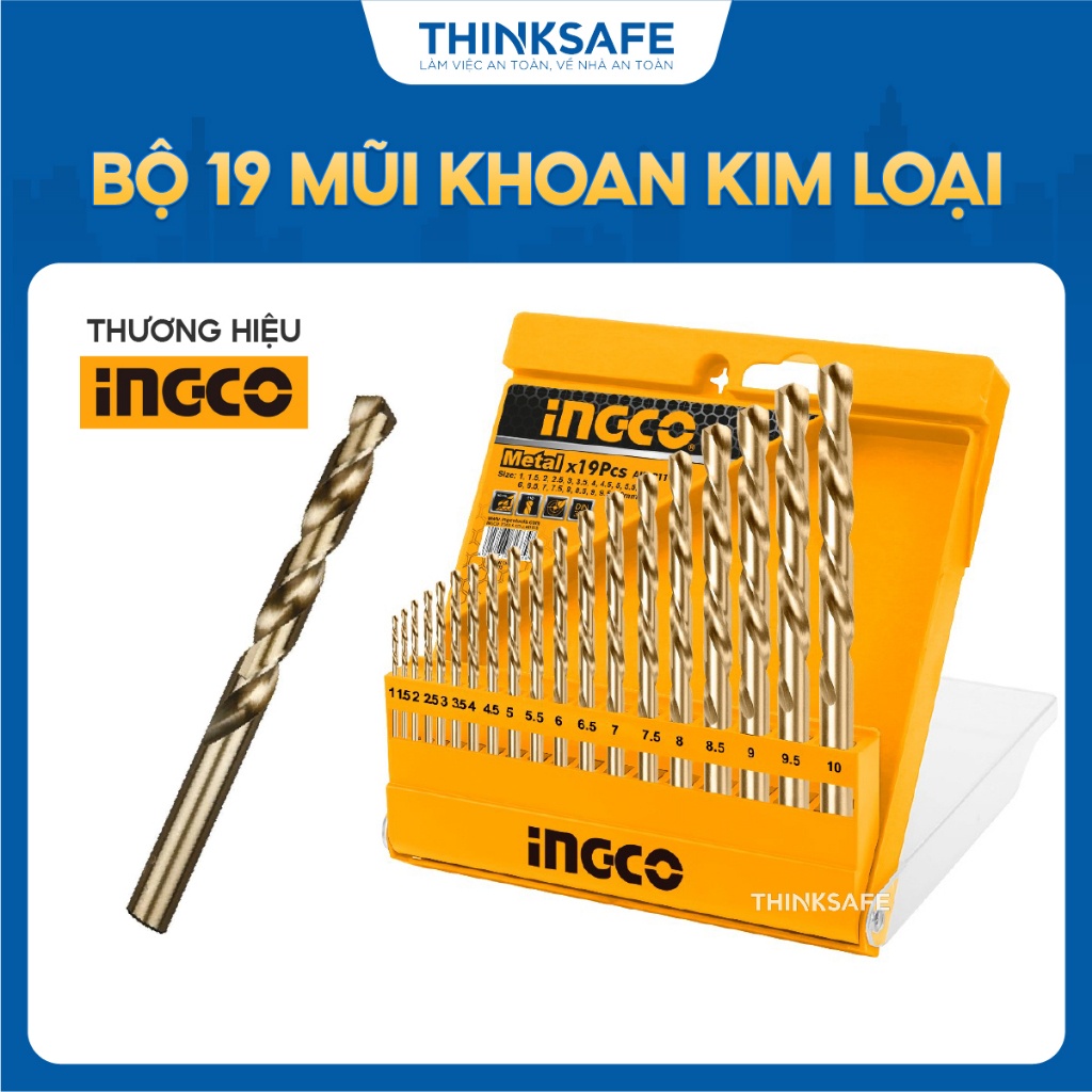Bộ 19 mũi khoan kim loại HSS INGCO AKDB1195, kích thước đa dạng, đóng gói trong hộp nhựa - Thinksafe