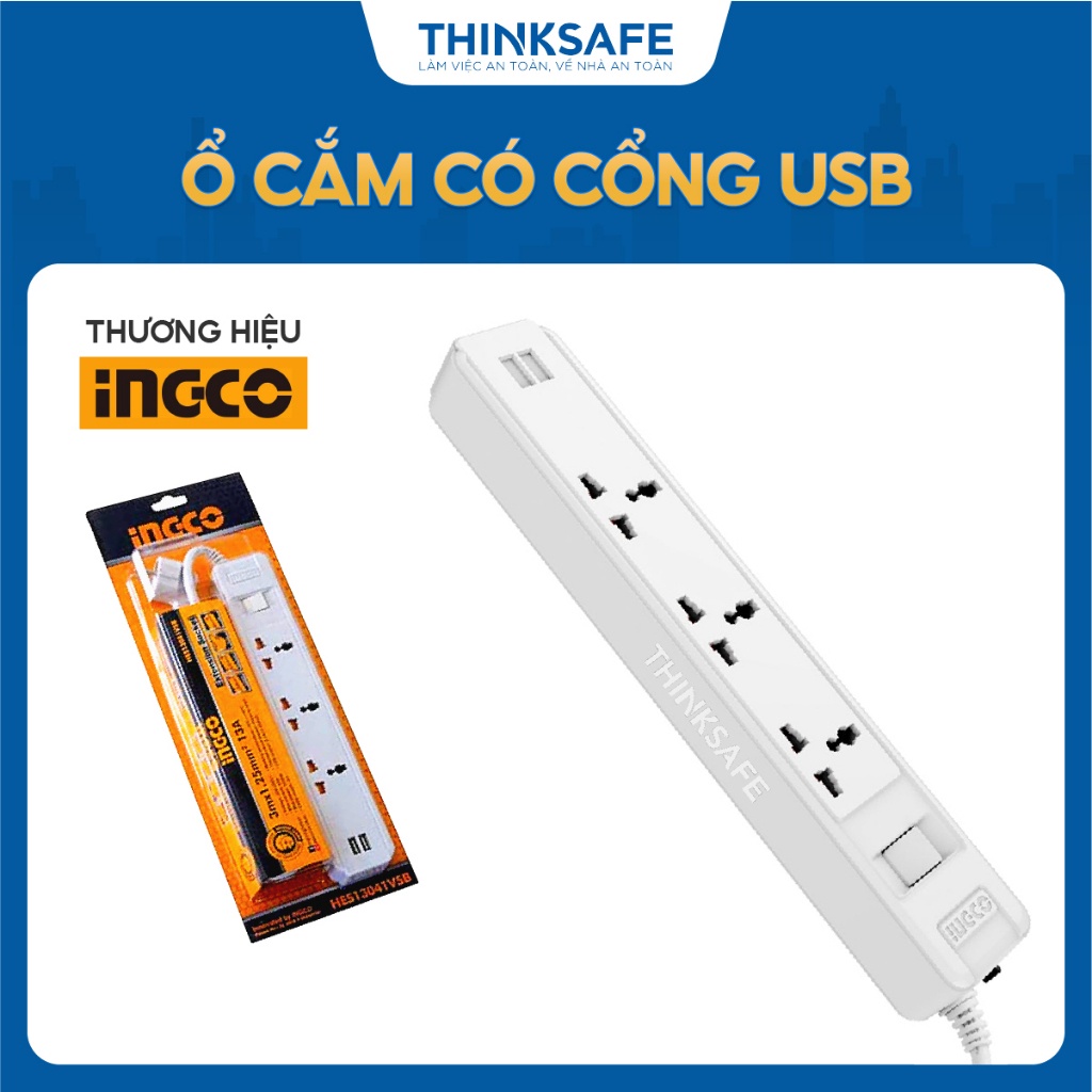 Ổ cắm có công USB INGCO HES13041VSB 13A, chịu tải 3250W dây đồng 3m ...