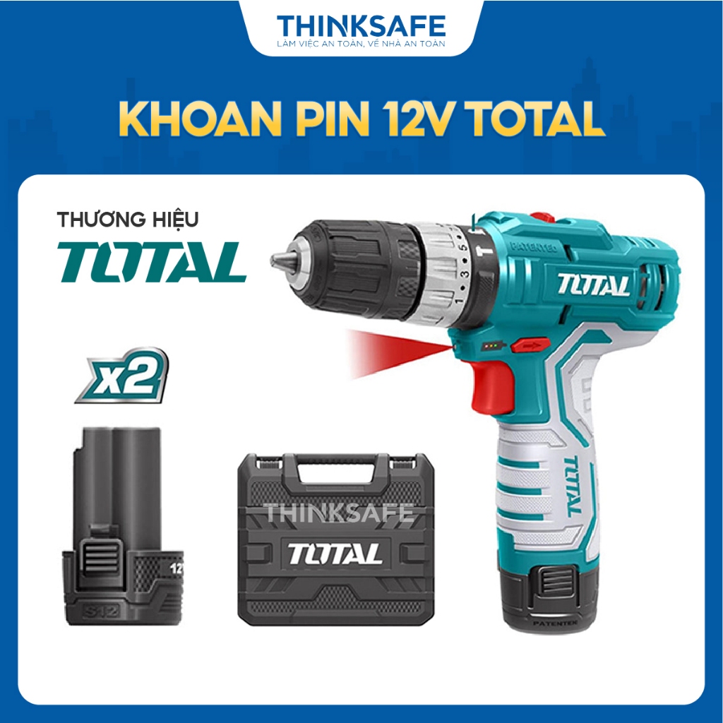 Máy khoan pin 12v Total mô-men xoắn 20Nm, tốc độ thay đổi, kèm 2 pin ...