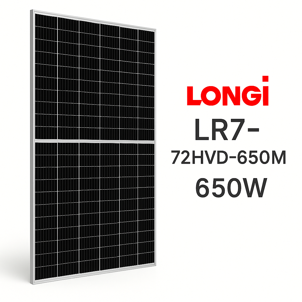 Tấm pin Longi LR7‑72HVD‑650M 650W – Dẫn đầu công nghệ bifacial A‑level