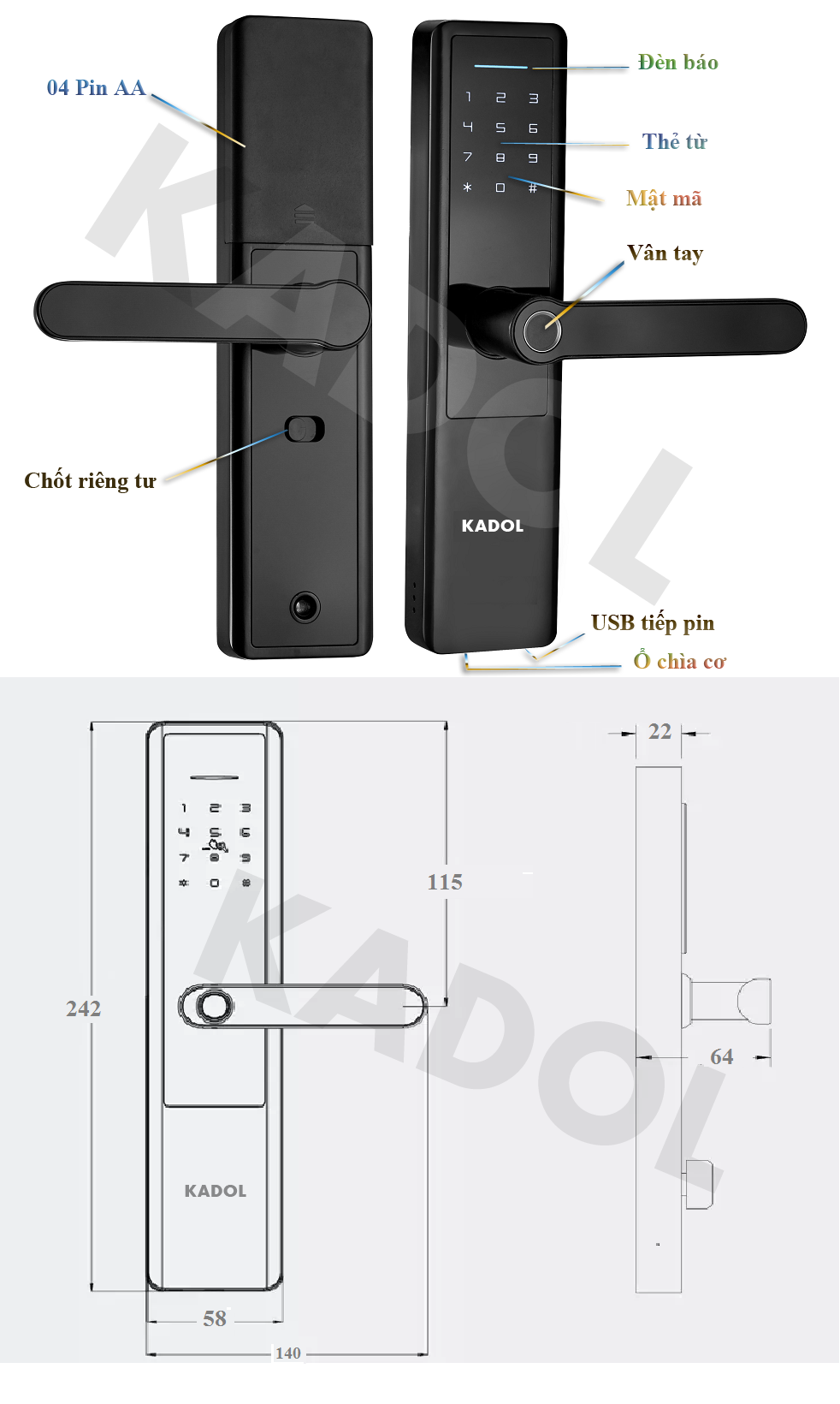 Khoá Vân Tay Cửa Thông Phòng Kadol S5