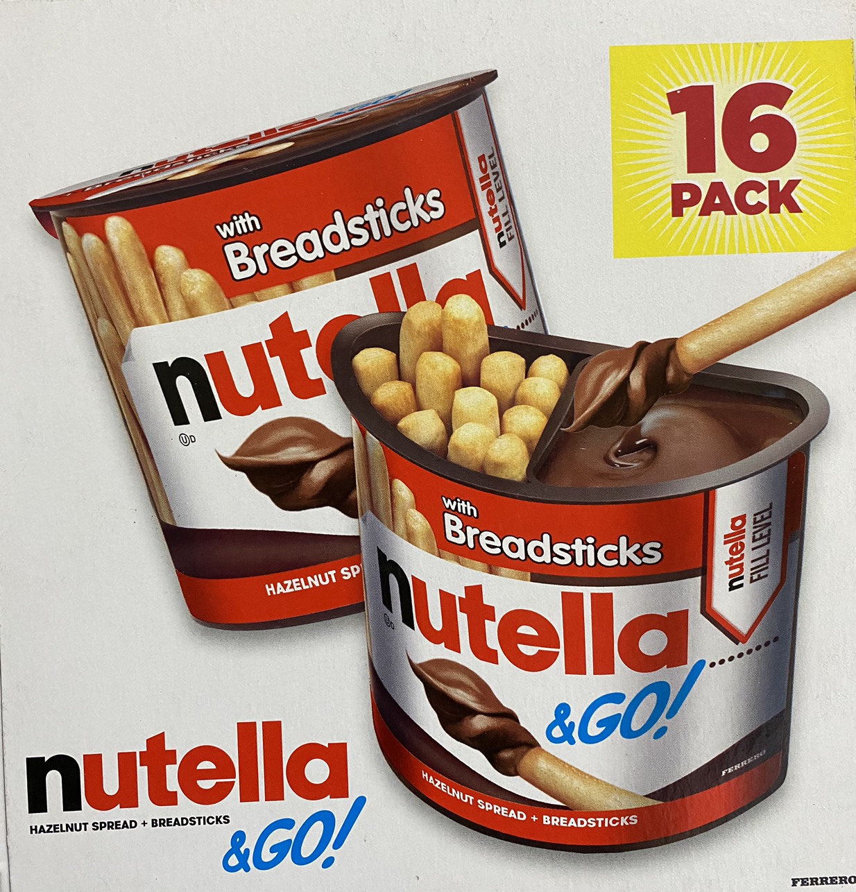 Bánh que giòn chấm chocolate hạt dẻ Nutella & Go Breadsticks 52g x 16 hộp