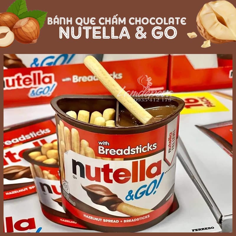 Bánh que giòn chấm chocolate hạt dẻ Nutella & Go Breadsticks 52g x 16 hộp