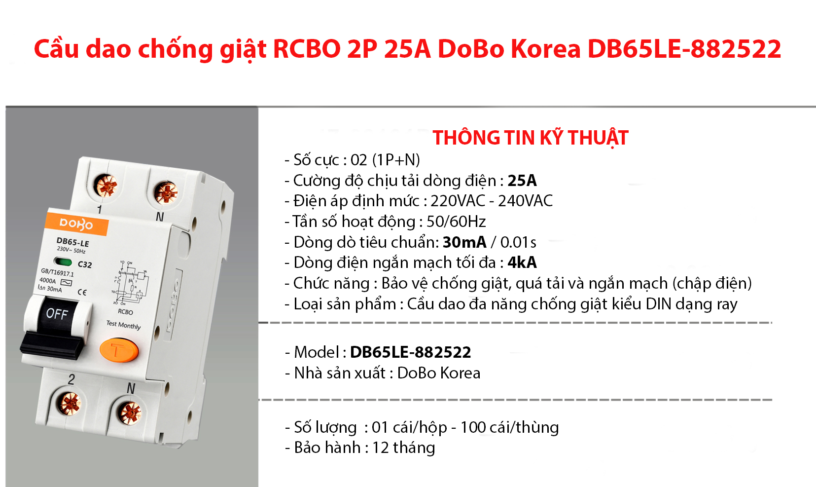 Cầu dao chống giật RCBO 25A (Aptomat chống dòng rò) DoBo 4kA 30mA ...