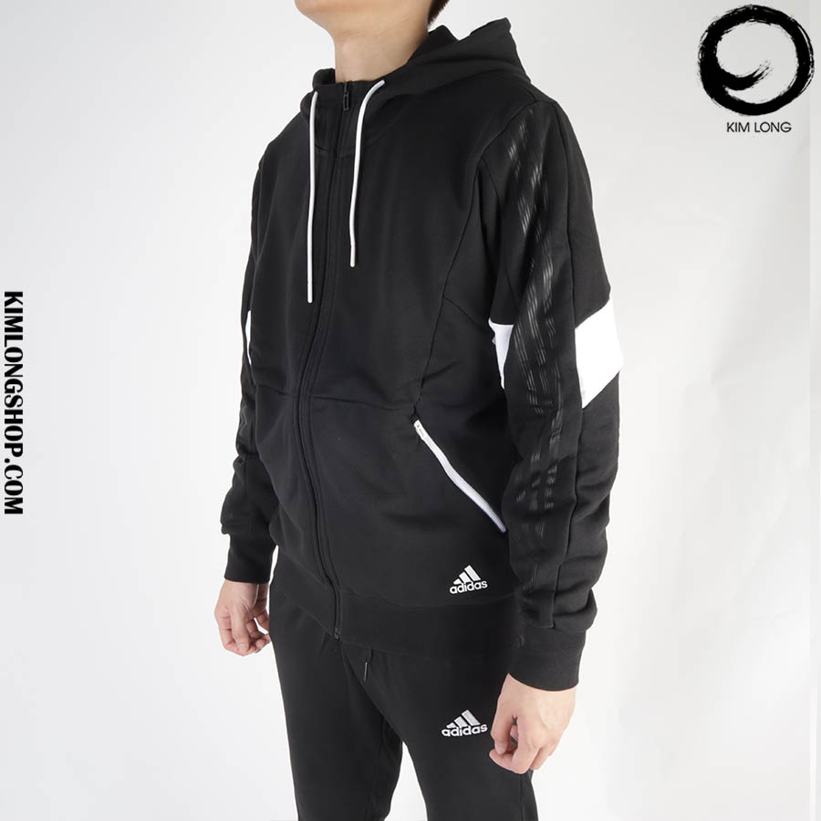 Men's adidas St Kn Block Jkt Sports Training Knit Hooded Logo Jacket Black H40195