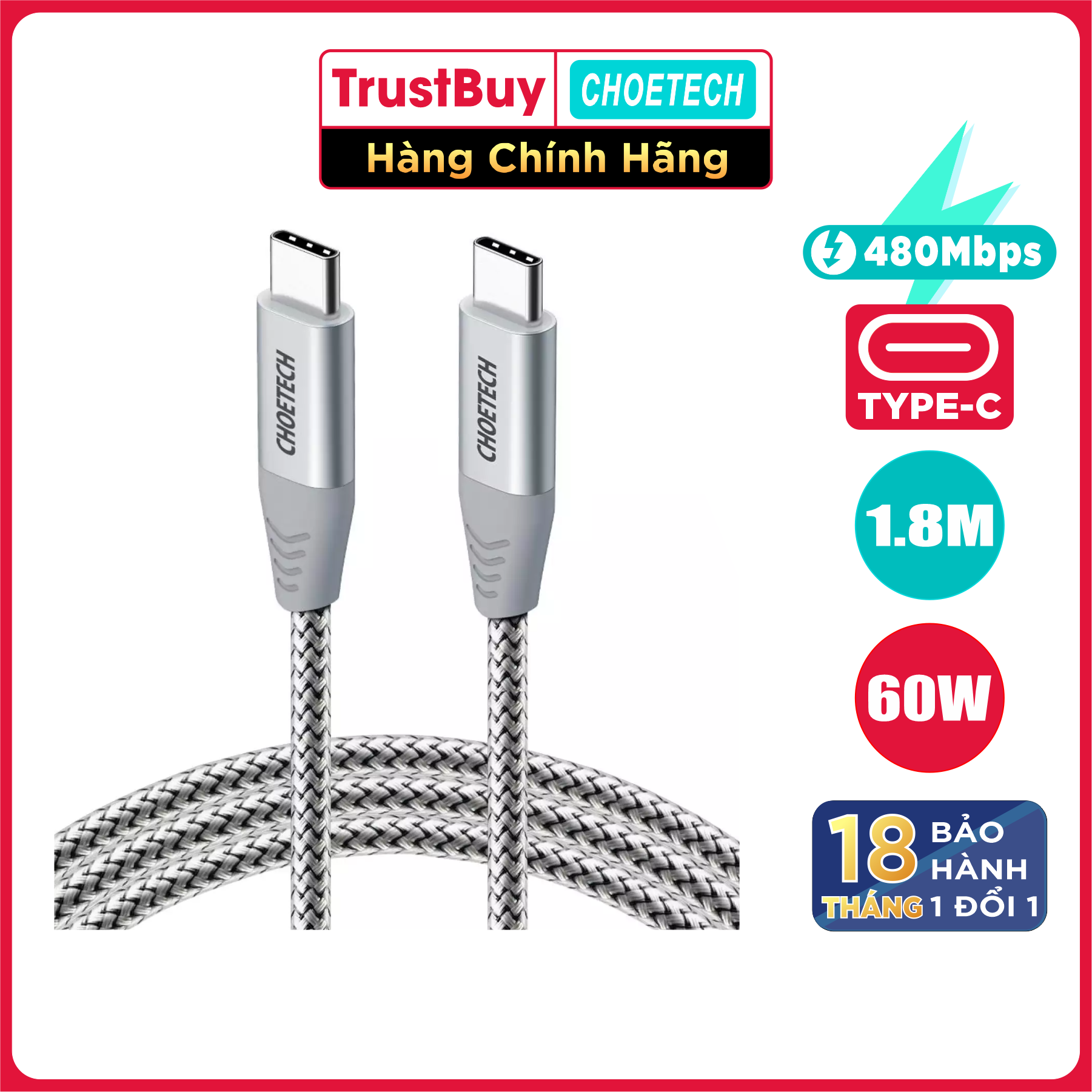 Dây Cáp Sạc Nhanh USB Type C To Type C 60W Dài 2M CHOETECH CC0005 ...