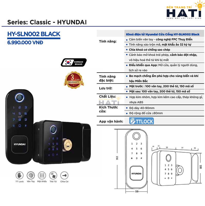 Khóa thông minh Hyundai cửa cổng HY-SLN002 Black