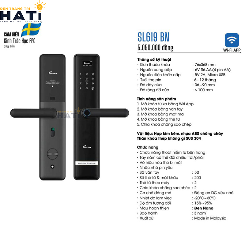 Khoá vân tay cửa gỗ Demax EL-619