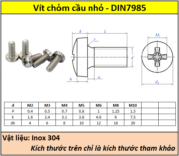 Vít chỏm cầu nhỏ inox 304 - DIN7985 M4 Siêu thị ốc vít