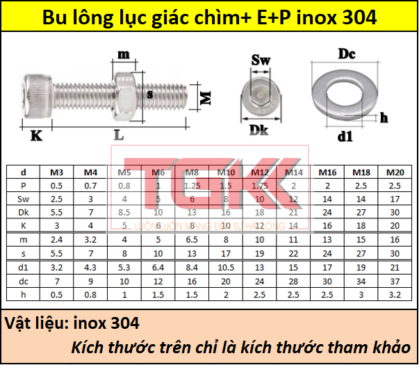 Lục giác chìm kèm đai ốc, phẳng inox 304 M16 Siêu thị ốc vít