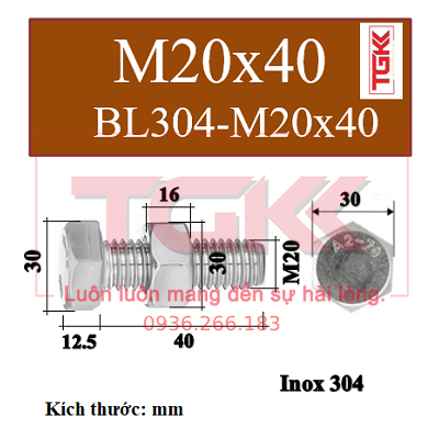 Bu lông inox 304-M20x40+E Siêu thị ốc vít