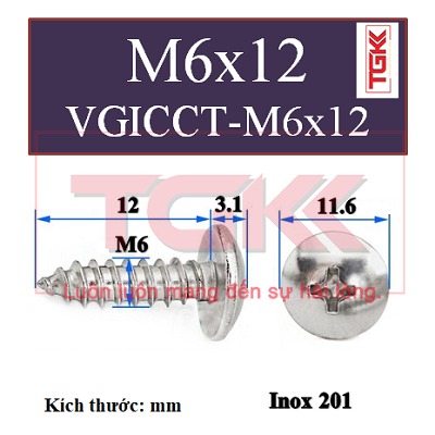 Vít gỗ inox chỏm cầu to-M6x12 Siêu thị ốc vít