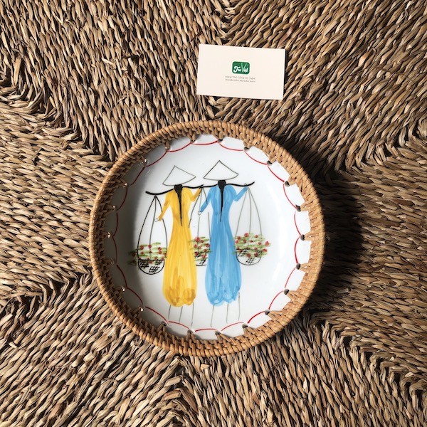 Dĩa Sứ Tròn đan Mây Đĩa Sứ Viền Mây Tre đan Tay Decor đựng đồ