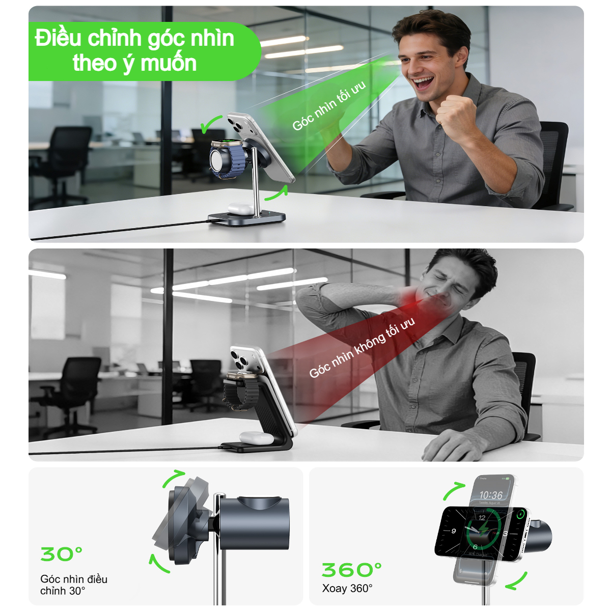 Đế sạc nhanh không dây 3 in 1 Choetech T641-G 25w chuẩn Qi2 tích hợp ...