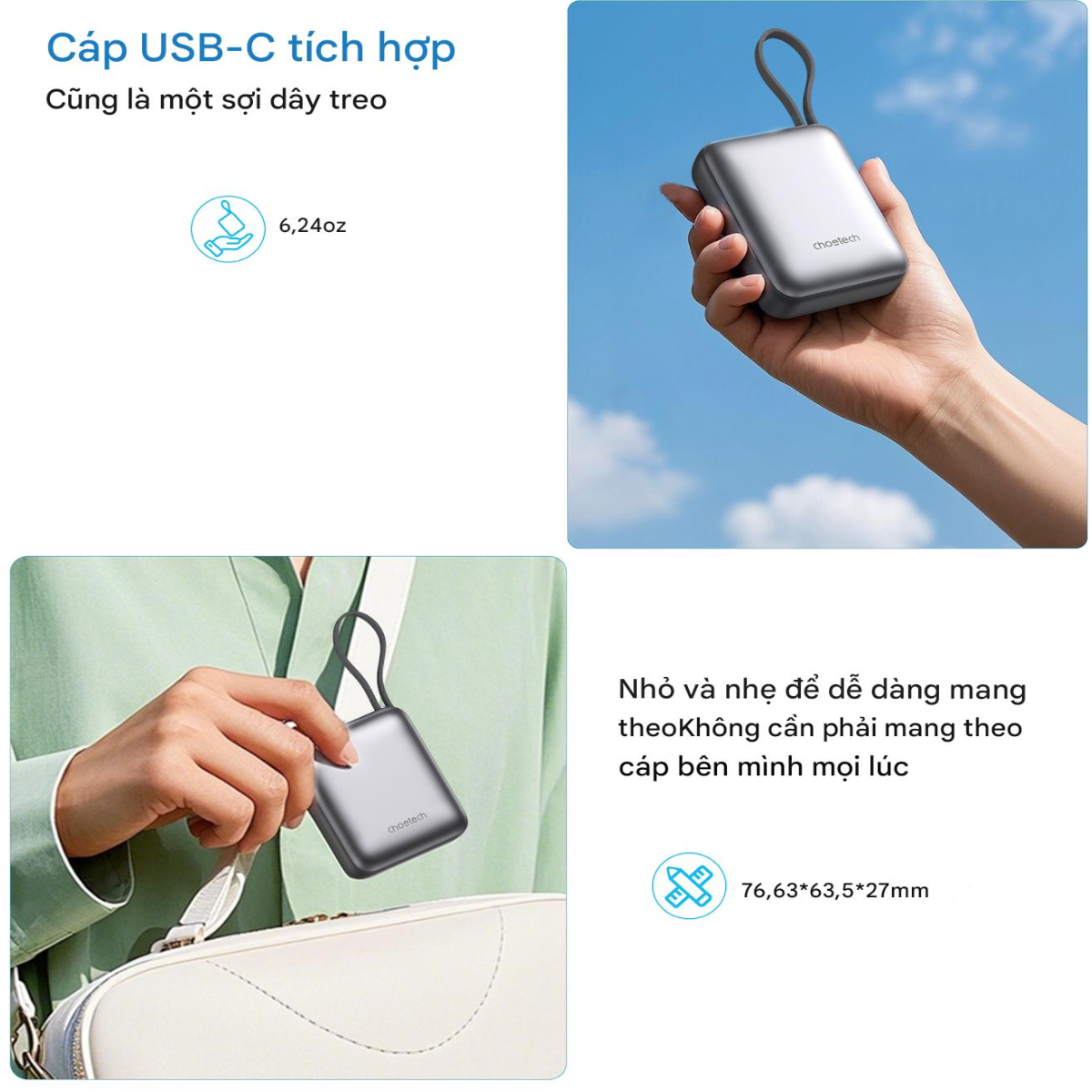 Pin dự phòng sạc nhanh 35W Choetech B832 tích hợp cáp sạc Type C dung ...