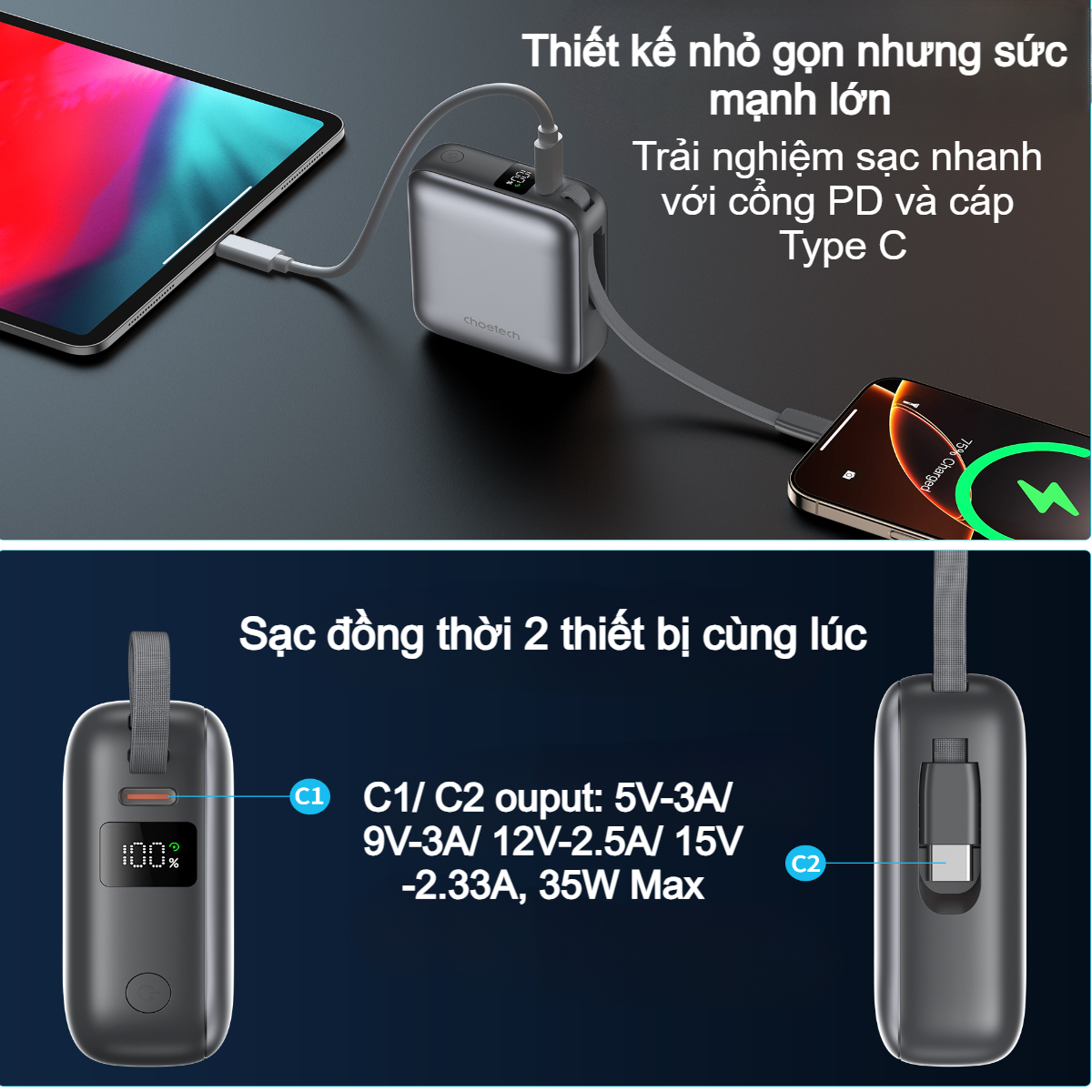Pin dự phòng sạc nhanh 35W Choetech B832 tích hợp cáp sạc Type C dung ...