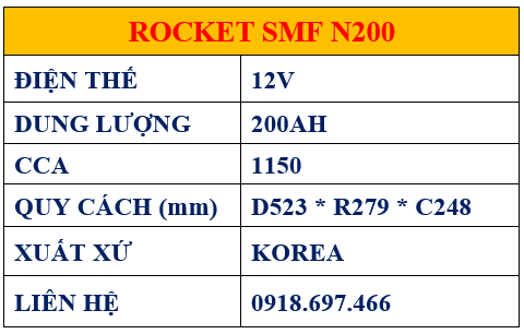 ẮC QUY ROCKET SMF N200, 12V-200AH | CÔNG TY TNHH ẮC QUY GIA PHÁT