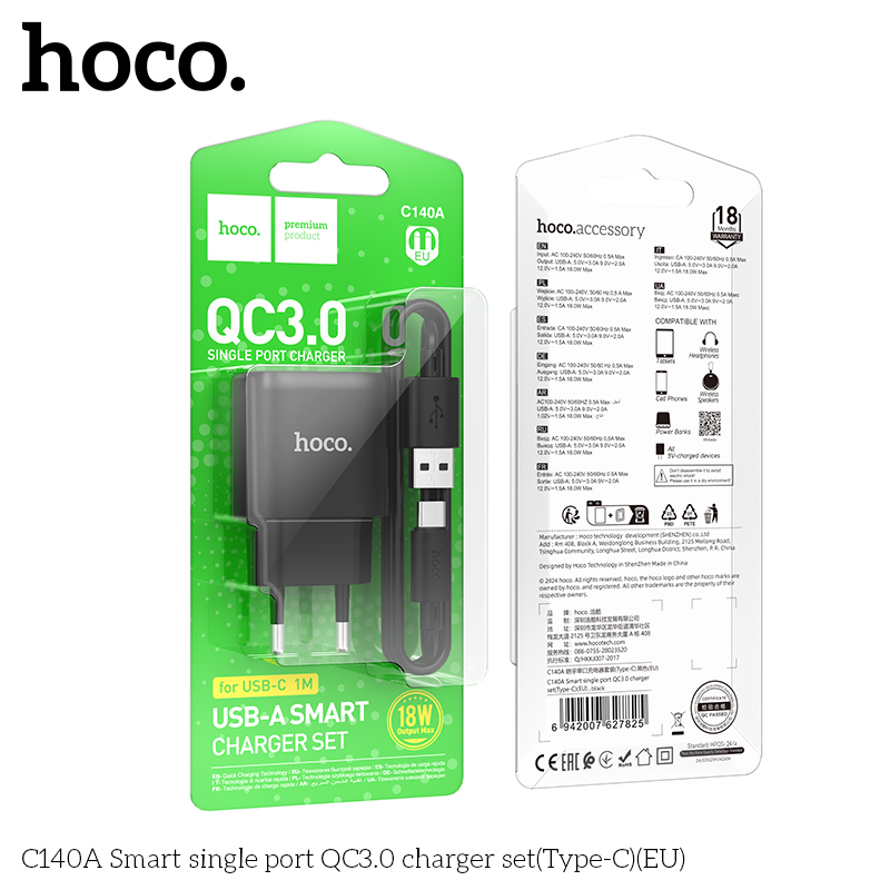 Bộ sạc nhanh 18w Hoco C140A Type C (Cóc 1 cổng USB QC3.0 + cáp usb ra Type c) chính hãng [BH: 1 NĂM]